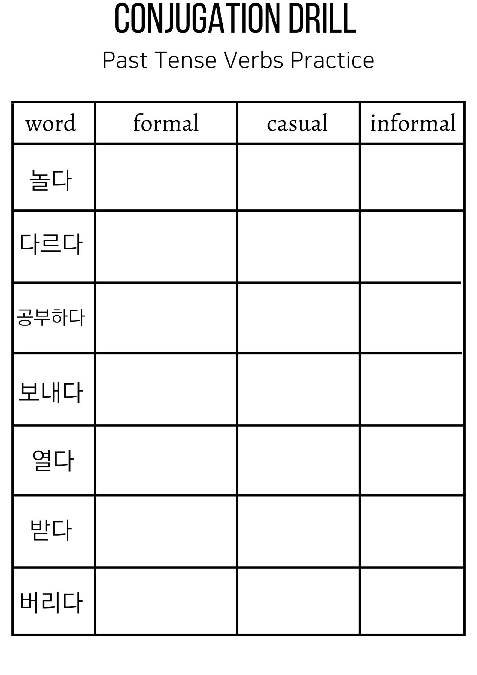 Korean Verb Conjugation Practice Worksheets, Past Tense Verb ...