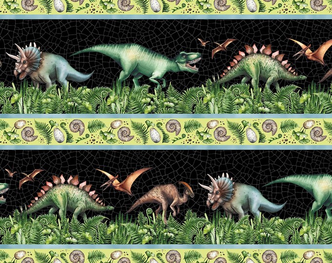 Dino Border Stripe Cotton Fabric, Paleo Tales DP26781-99 Northcott ...