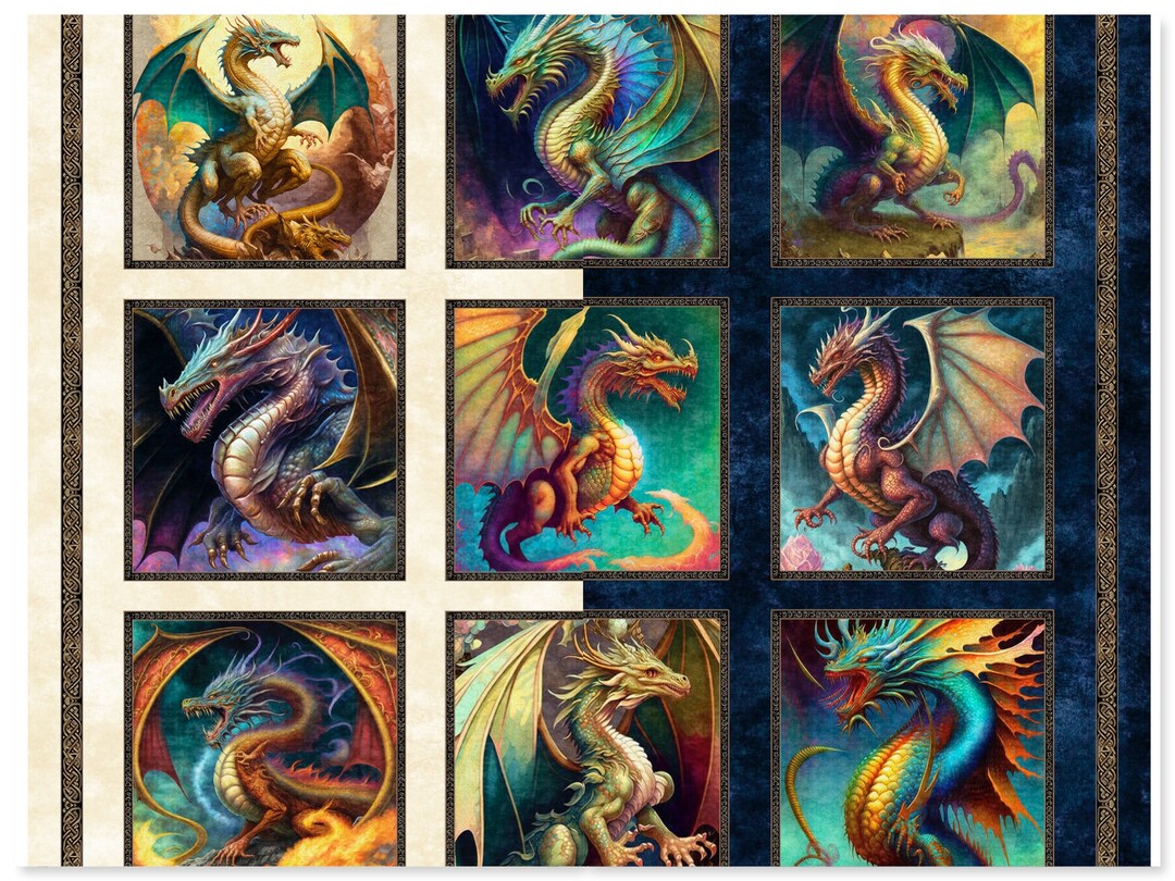 Large Dragon Picture Patches Panel Cotton Fabric, Dragon Fyre Dan ...