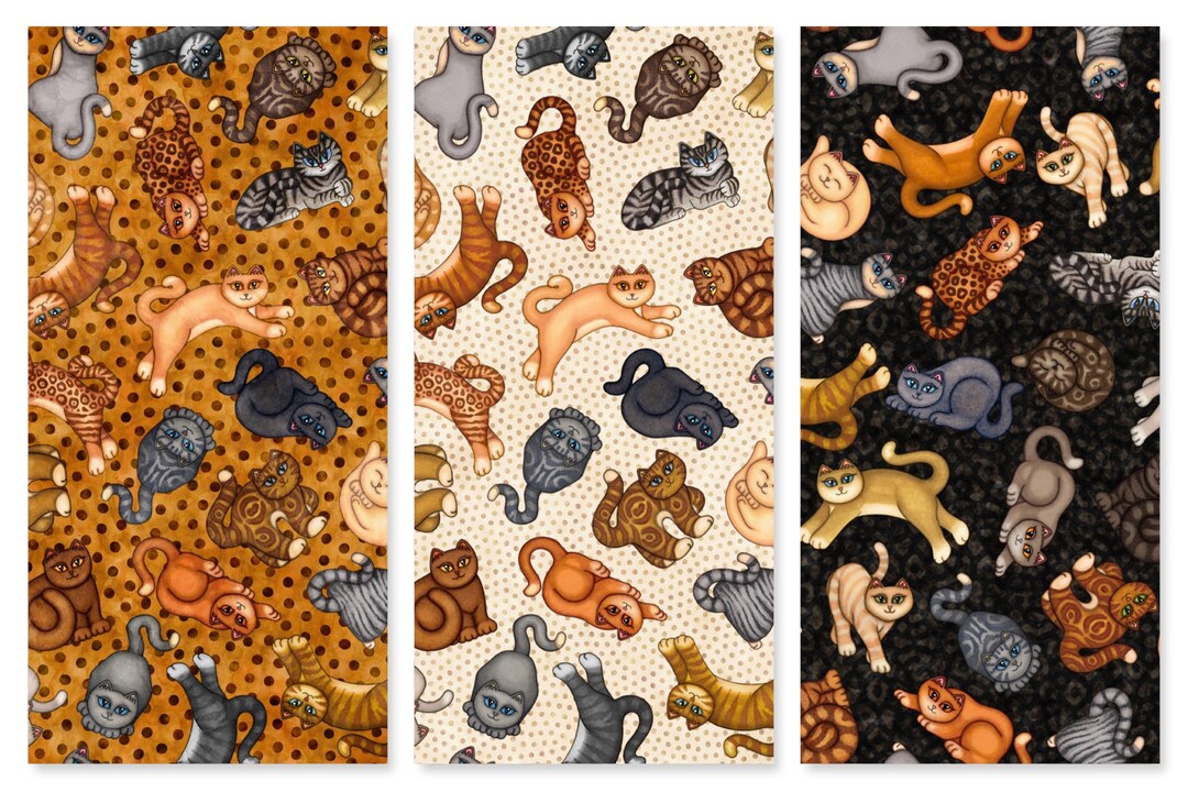 Cat Toss Cotton Fabric, Meow Brown, Cream or Black Dan Morris QT ...