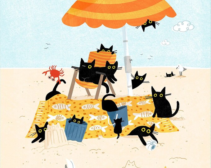 Cats on the Beach Panel Cotton Fabric, Sandy Paws Leezaworks Dear Stella DLW2807 24" Cute ...