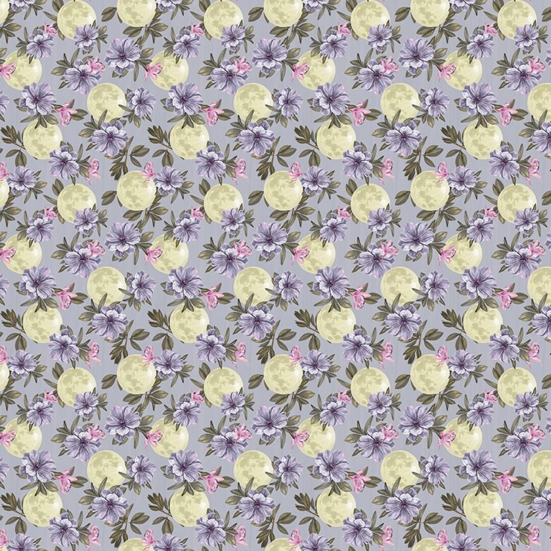 Moons With Flowers Cotton Fabric 290150 Midnight Rendezvous Blank FQ ...