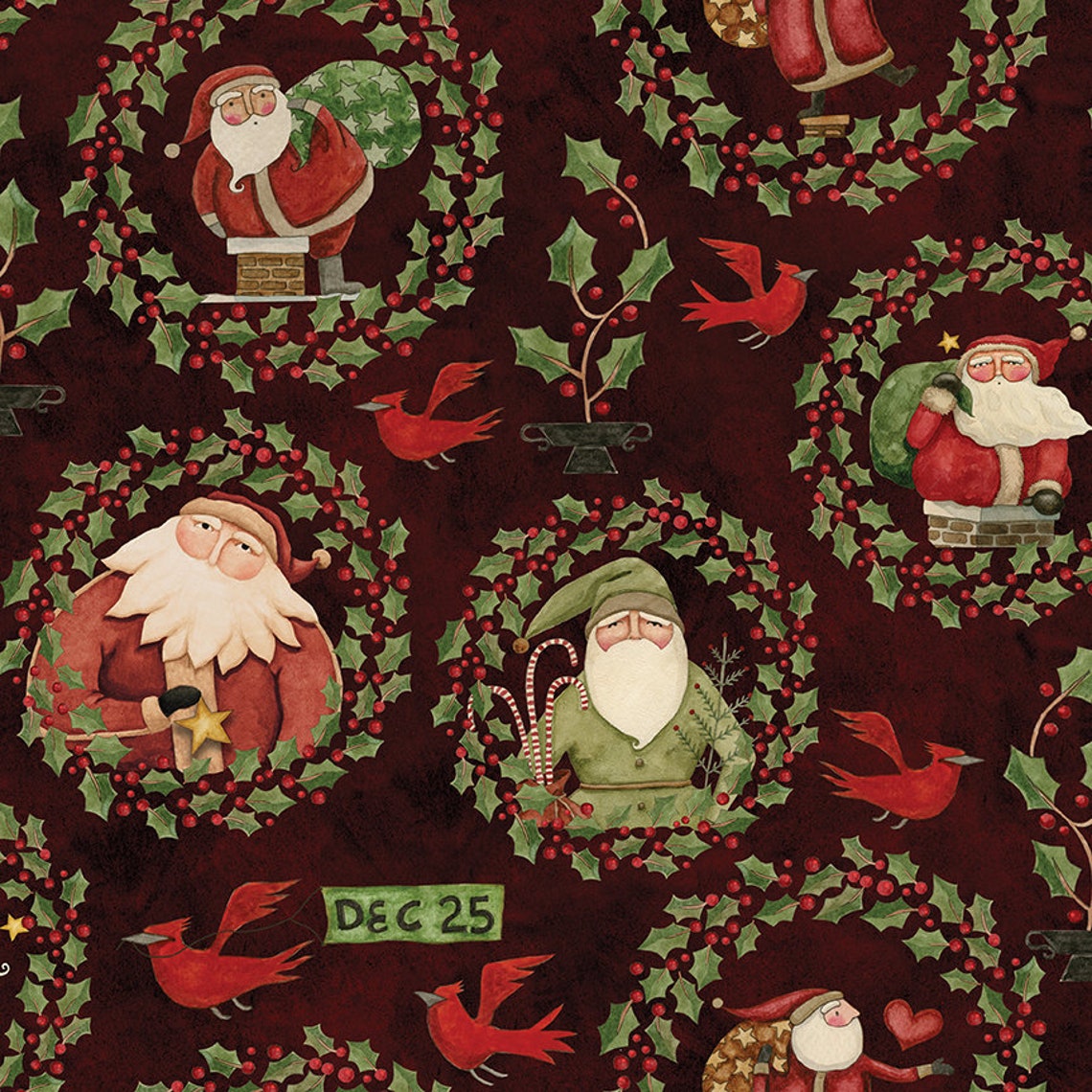 Santa Holly Cotton Fabric, up on the Housetop C14731, Teresa Kogut ...