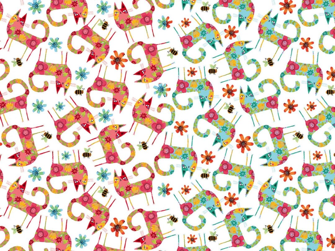 Patterned Cats Cotton Fabric, Garden Cats 16348 Terry Runyan Benartex ...