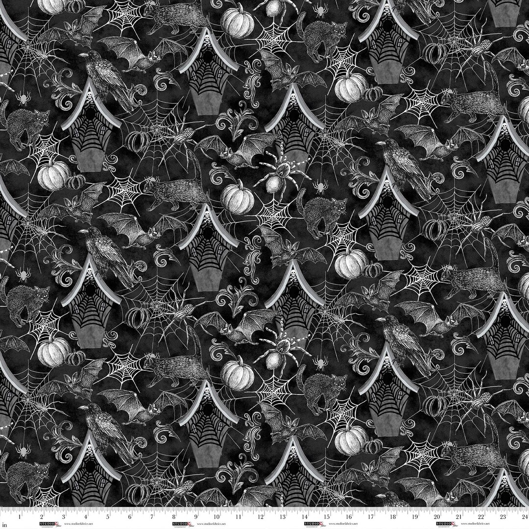 Haunted House Motif Halloween Cotton Fabric, Fear Factory 8339-99 ...