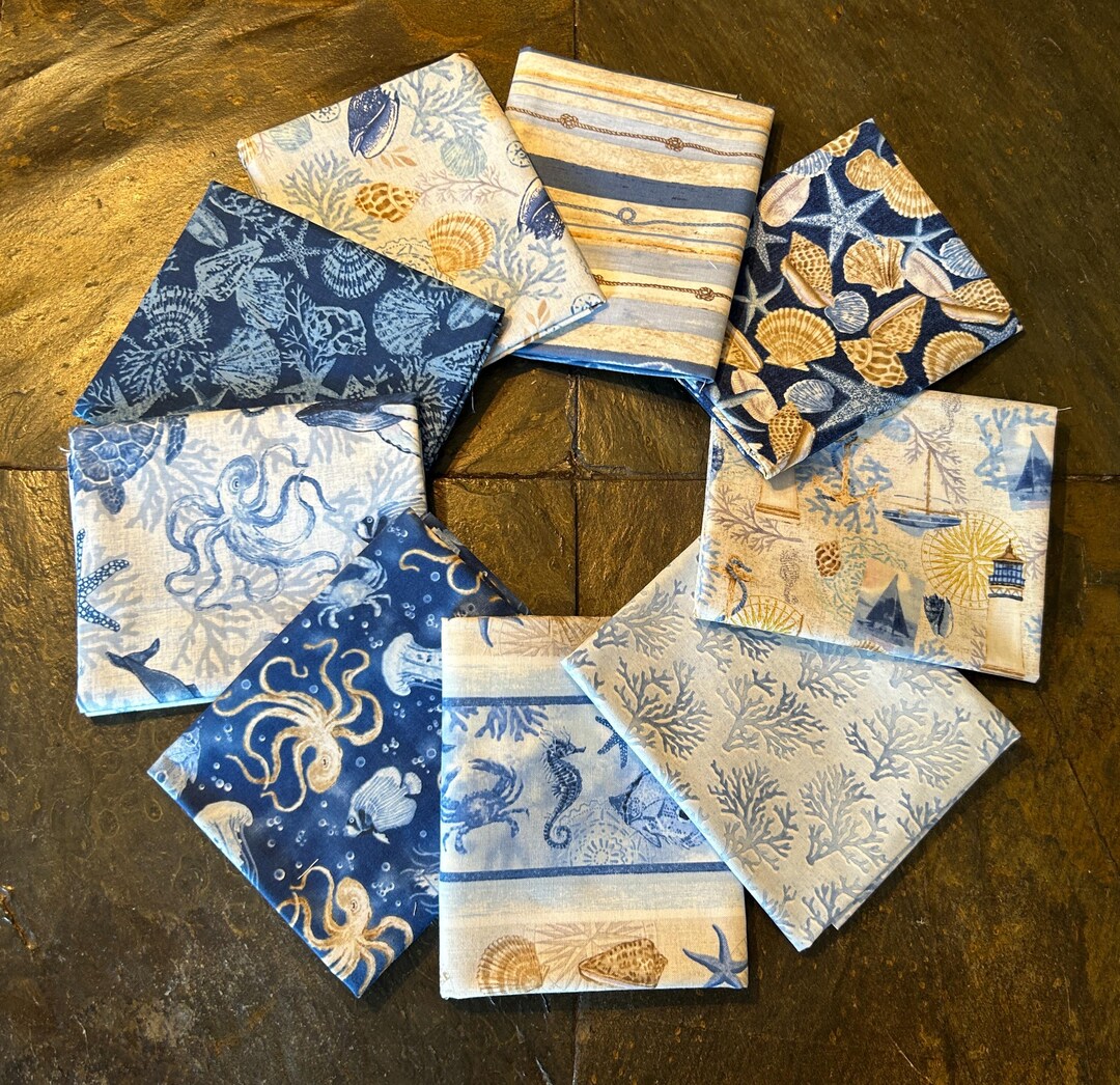 9 Pc Cobalt Seas Fat Quarter Bundle W/optional Panels, Andrea Tachiera ...