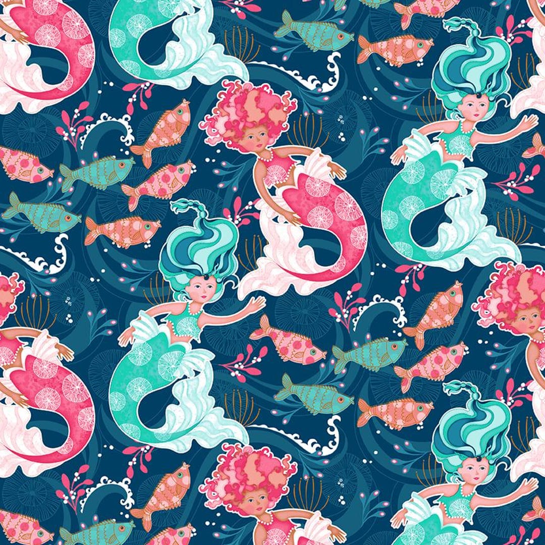 Mermaids Cotton Fabric, Mermaid Tales 7931-72 Studio E Nancy Archer FQ ...