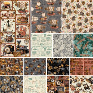 Steampunk Motif Panel Cotton Fabric, Time Travel 3021P-41, Blank ...