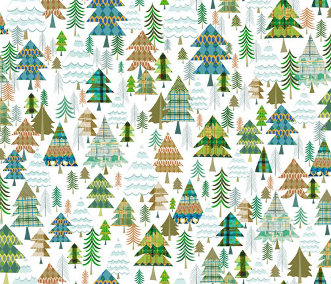 Patterned Trees on White Cotton Fabric Woodland Winter QT - Etsy
