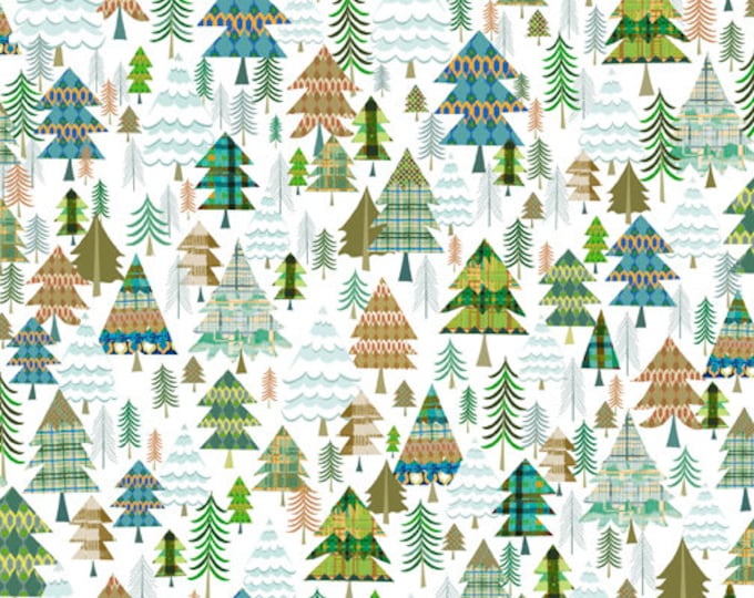 Patterned Trees on White Cotton Fabric Woodland Winter QT Fabrics ...