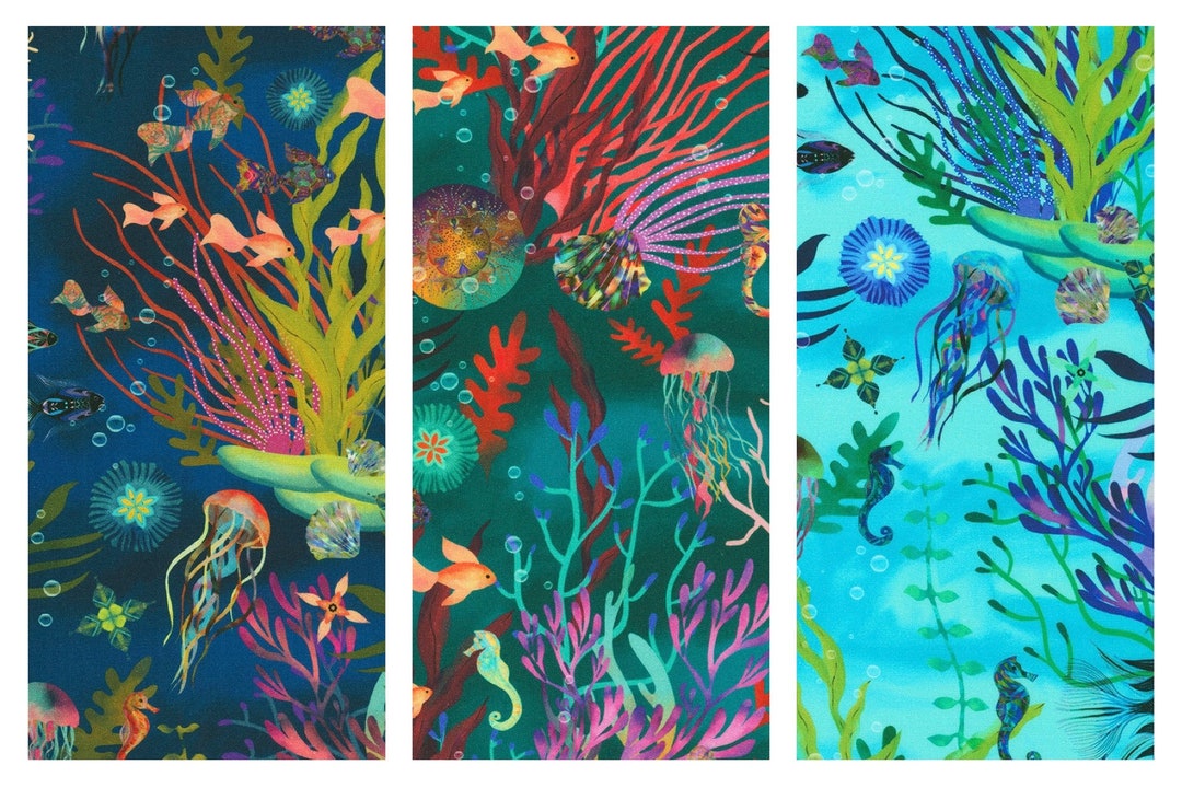 Underwater Cotton Fabric, Oceanica AQSD-22405 Robert Kaufman BTY FQ Fat ...
