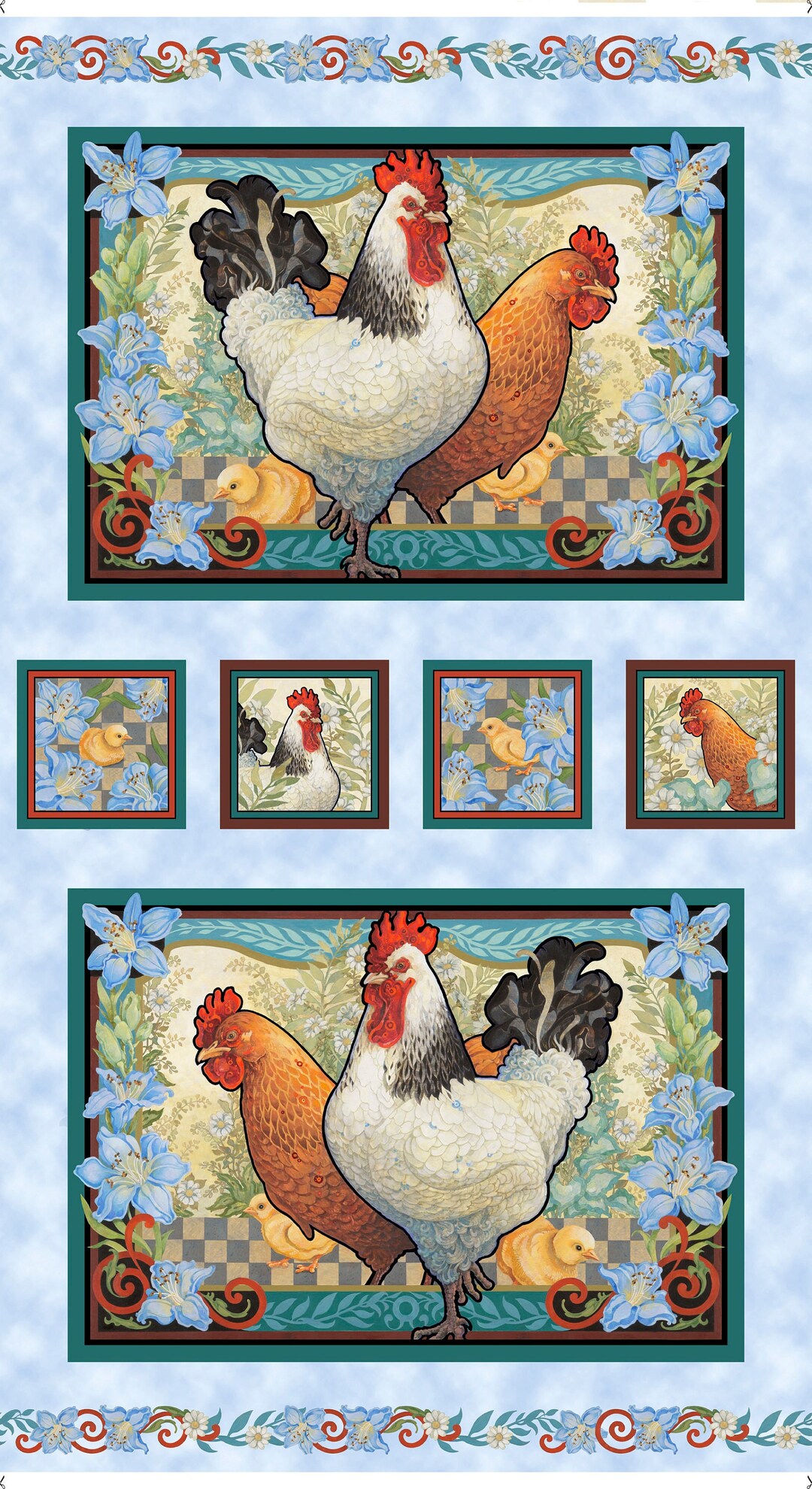 Rooster Panel Cotton Fabric 24 in Panel 29024B Country Roosters David ...