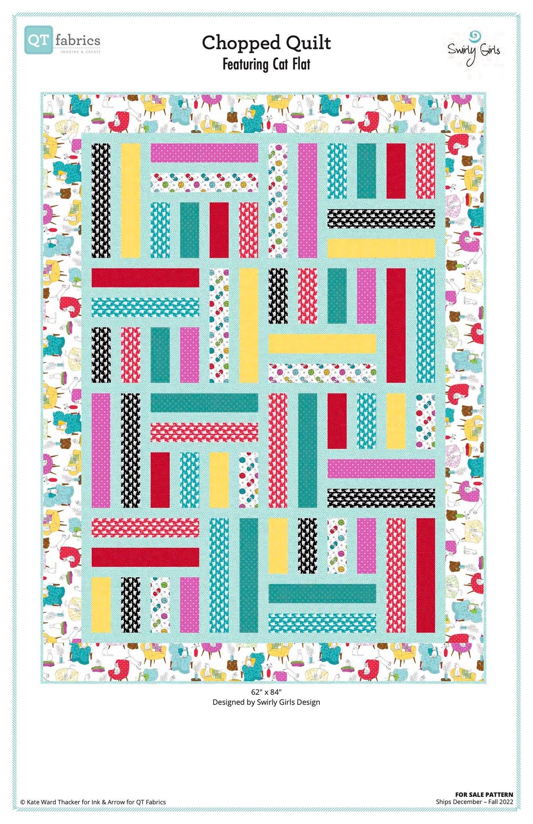 Cat Flat Chopped Quilt Kit With Fabric and Pattern for 62''x84'' Quilt Top and Binding Ink ...