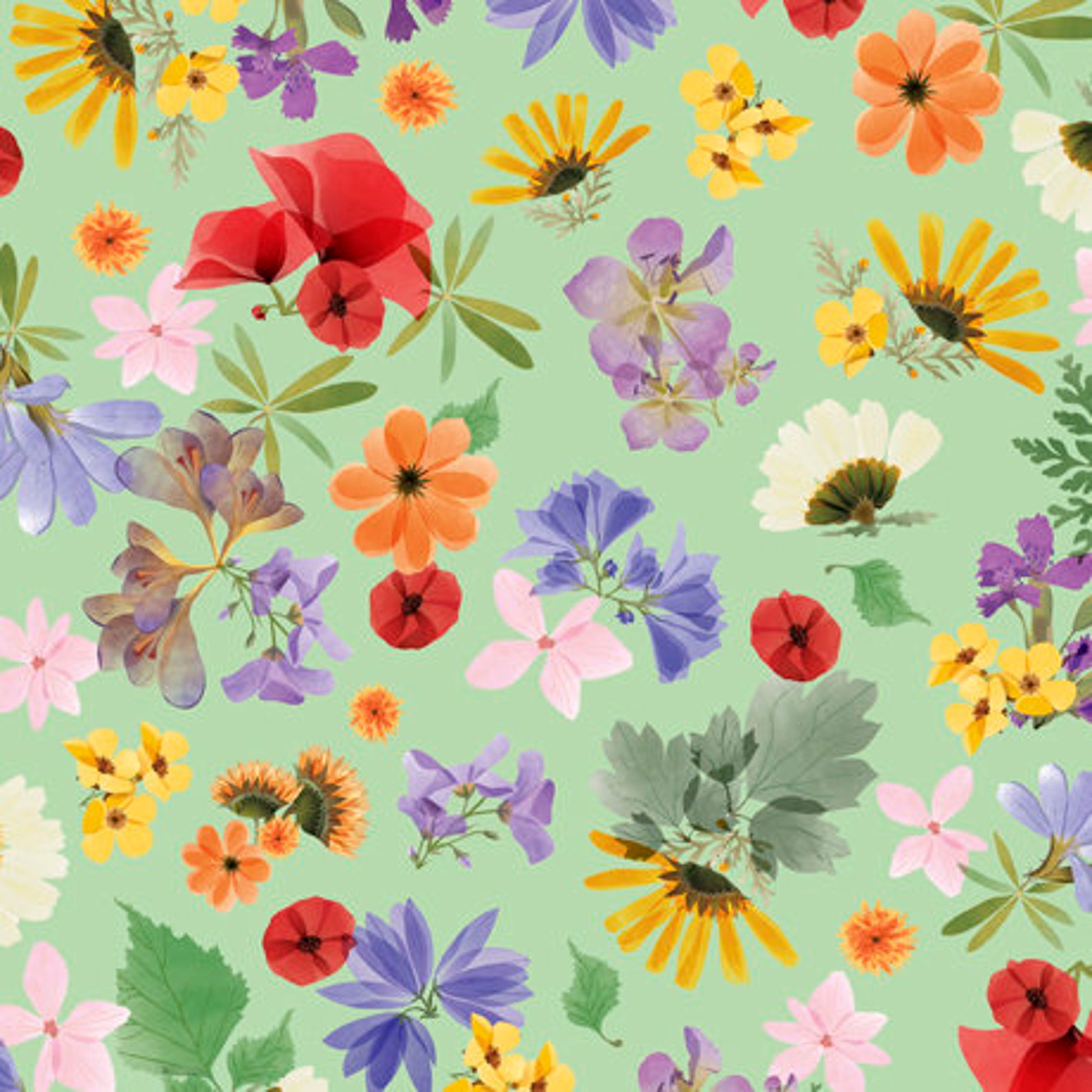 Green Tossed Flowers Cotton Fabric Wildflowers Turnowsky QT - Etsy