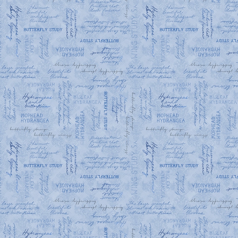 Hydrangeas Word Toss Cotton Fabric Hydrangea Mist 39824 Susan Winget ...