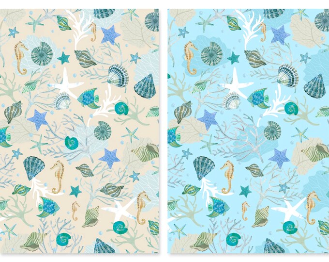 Seashells and Fish Cotton Fabric, Seashore 29267 Turnowsky QT Fabrics ...