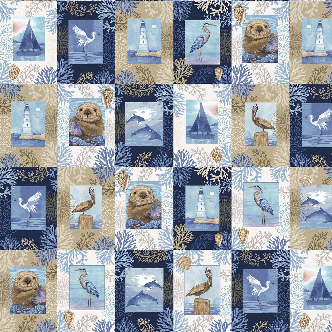 Small Block Panel Cotton Fabric Cobalt Seas 1362-71 Andrea Tachiera ...