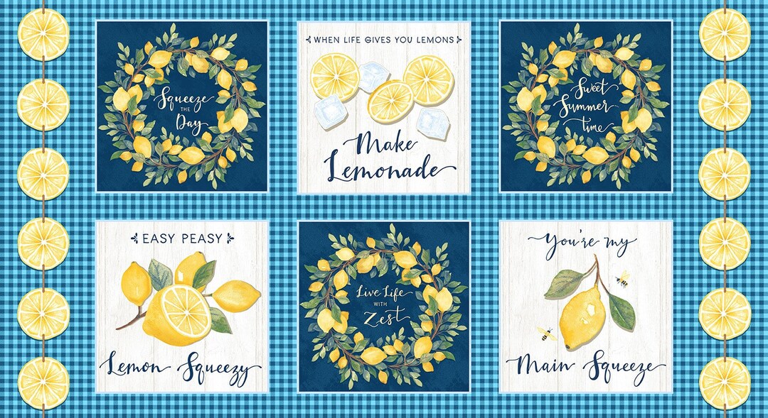 Lemon Block Print Panel Cotton Fabric, 7506-74 Squeeze the Day, Rebecca ...