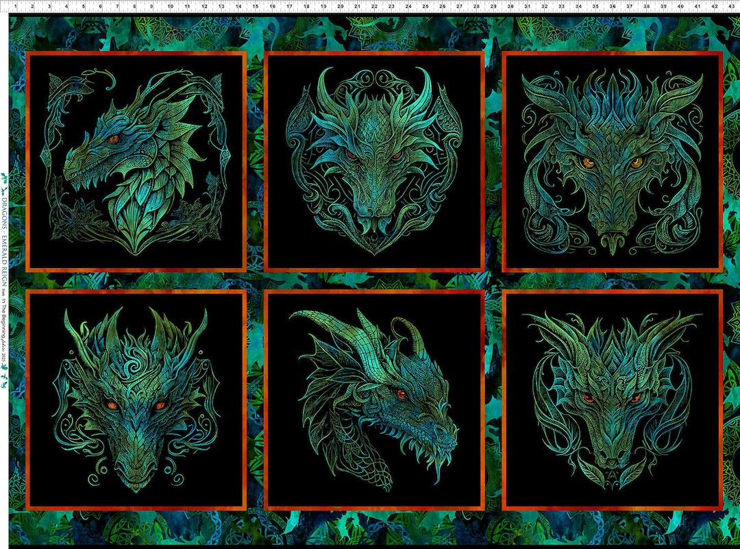 Dragon Head Block Panel Cotton Fabric, Dragons Emerald Reign 21DRG1 ...