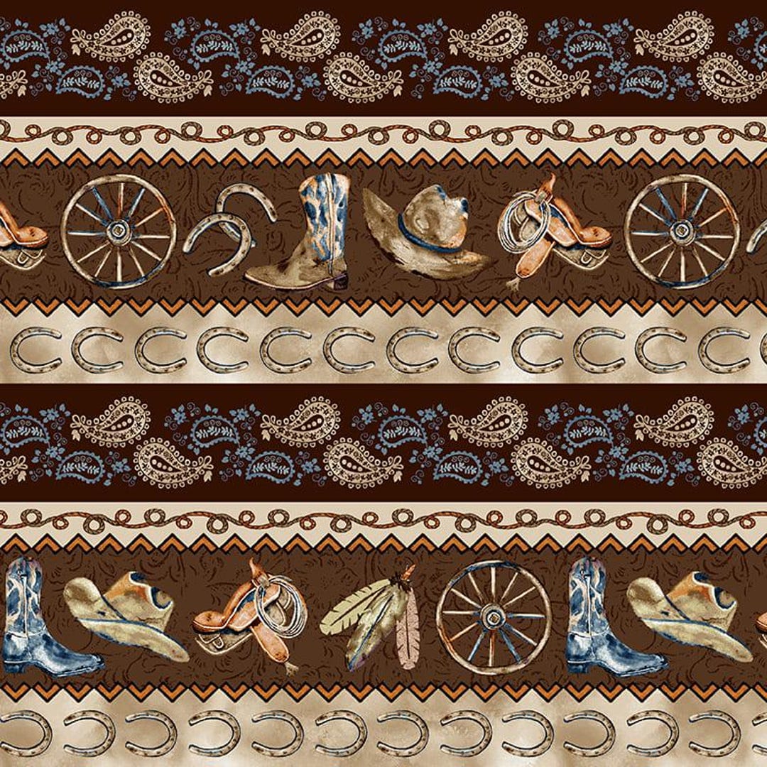Western Motif Stripe Cotton Fabric 1601-33, Western View, Denise ...