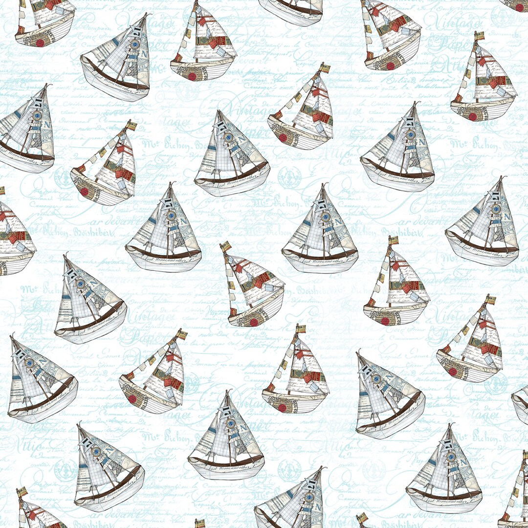 Sail Boats on White Cotton Fabric Set Sail 28492-Z QT Fabrics Beach ...