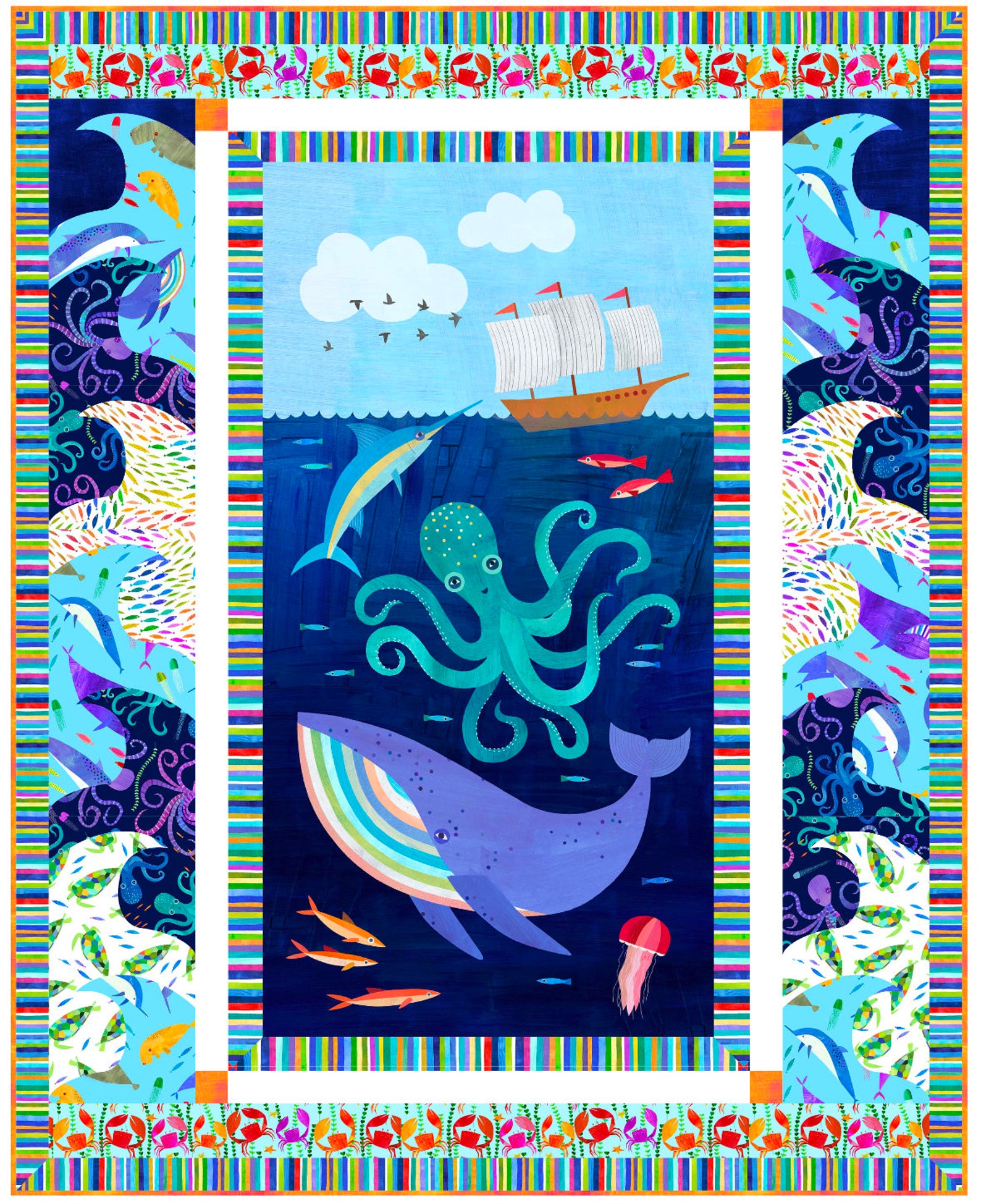 Explorer of the Sea Panel Cotton Fabric, Colorful Aquatic World ...