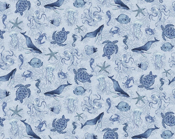 Shell Toss Cotton Fabric, Blue Escape Coastal Riley Blake, BTY FQ Fat ...