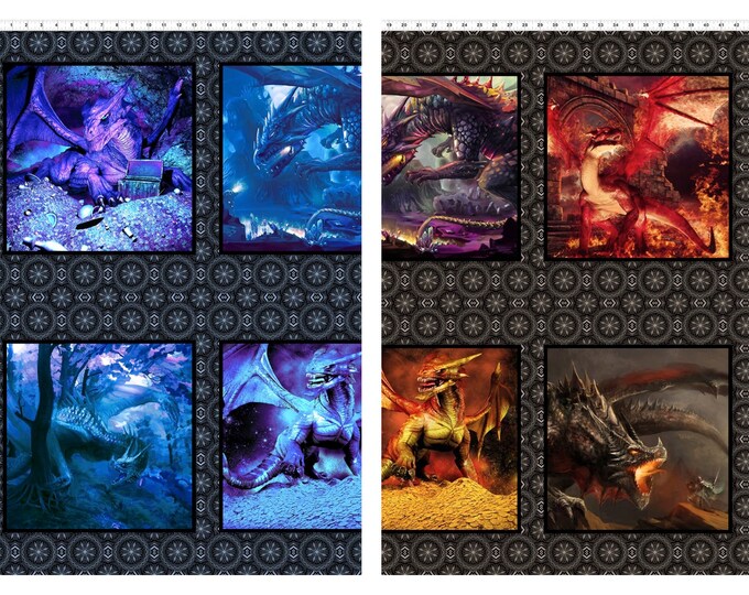 Dragons Panel Portraits Cotton Fabric, Blue Fury, Red Fury Panel Fabric ...