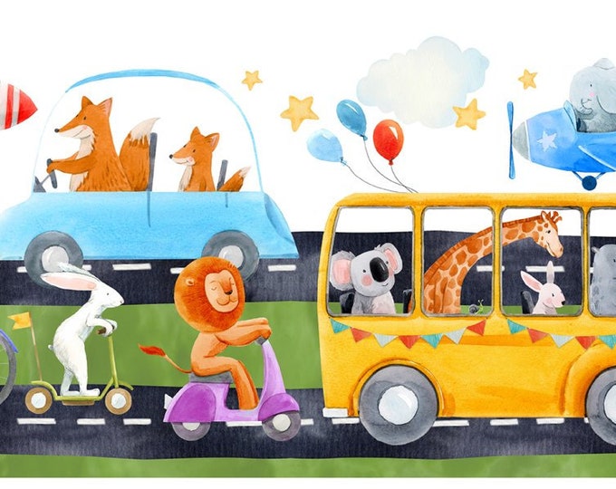 Animals Border Stripe Cotton Fabric, on the Go 2KFA1 Yenter in the ...