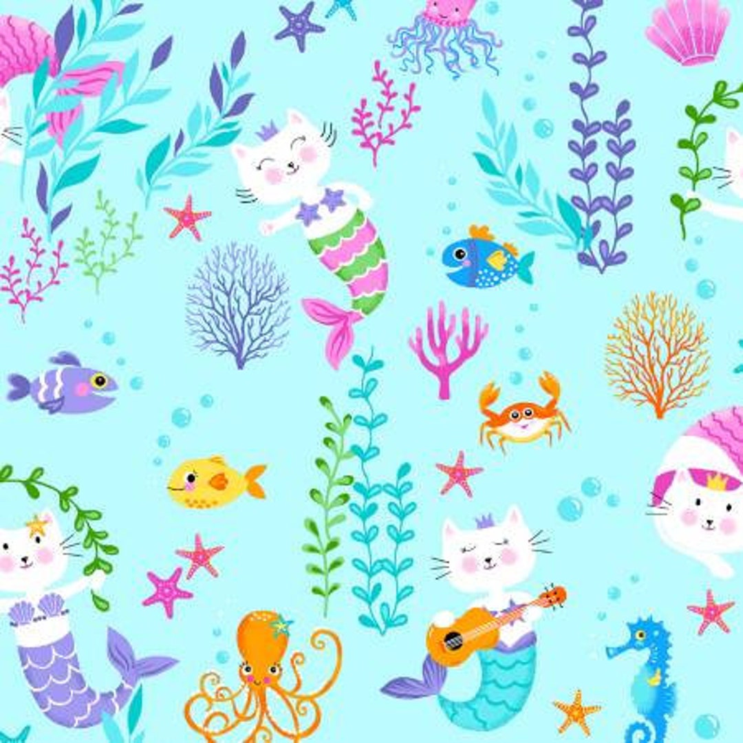 Purrmaid Cat Mermaid Cotton Fabric, Belle & Blue Sea Freckle and Lollie ...