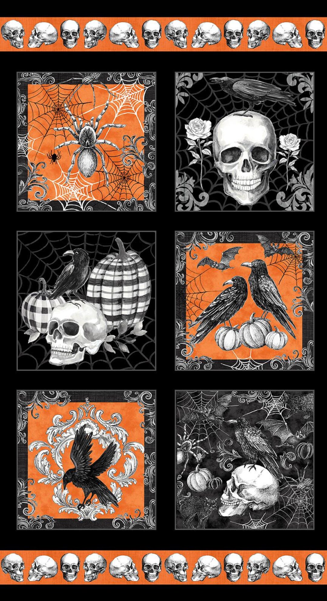 Skull Blocks Panel Halloween Cotton Fabric, Fear Factory 8347-99 ...