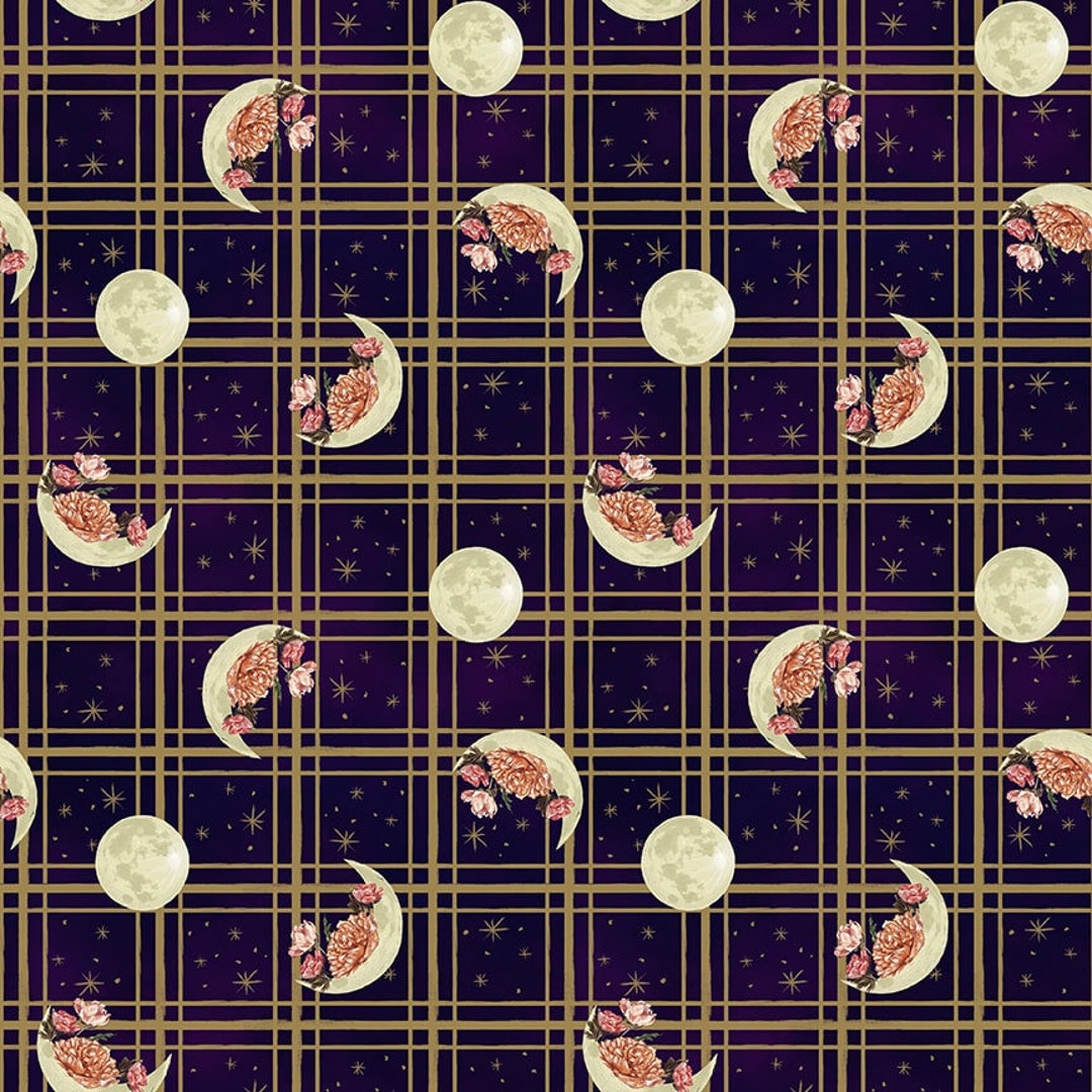 Moons With Flowers on Plaid Cotton Fabric 2900-59 Midnight Rendezvous ...
