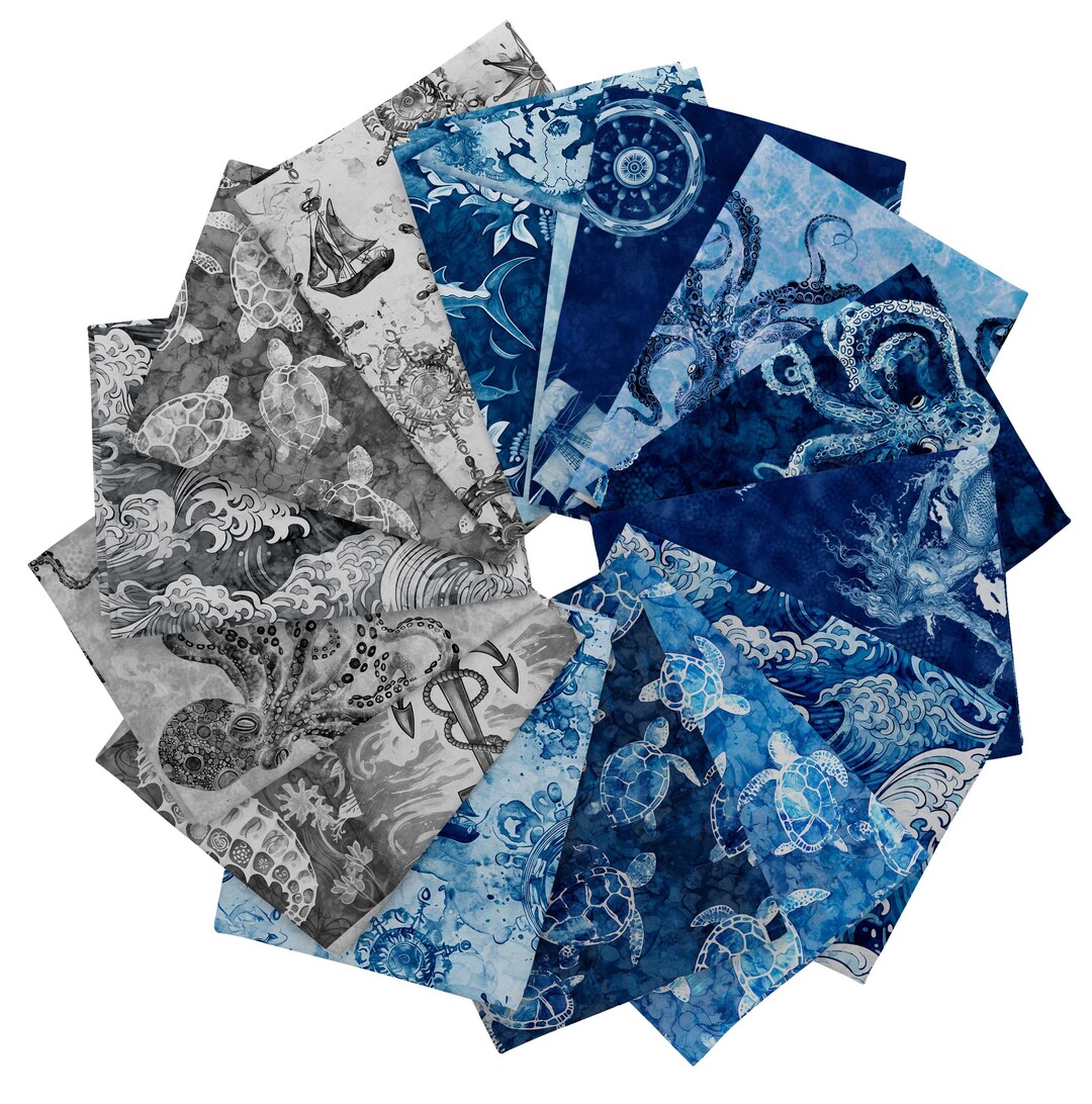 14 Pc Ocean Blues Fat Quarter Bundle W/optional Panels, Morris Creative ...