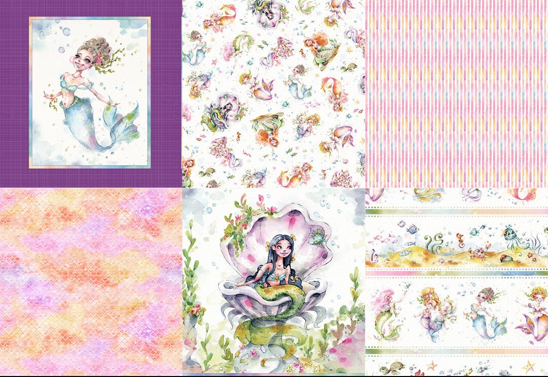 Mermaid Border Stripe Cotton Fabric Enchanted Seas Mermaids - Etsy