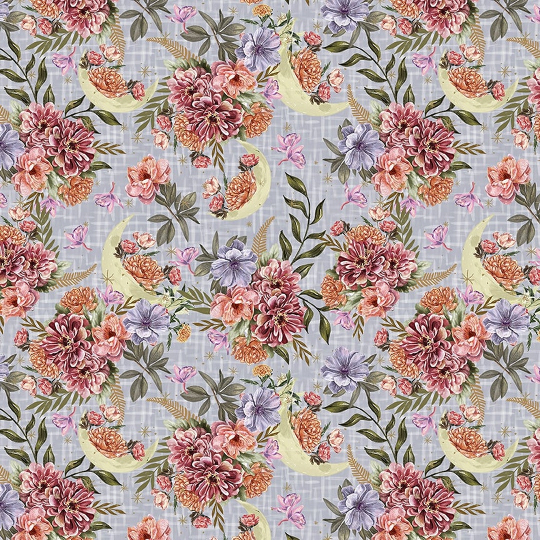 Crescent Moons With Flowers Cotton Fabric 2896-50 Midnight Rendezvous ...