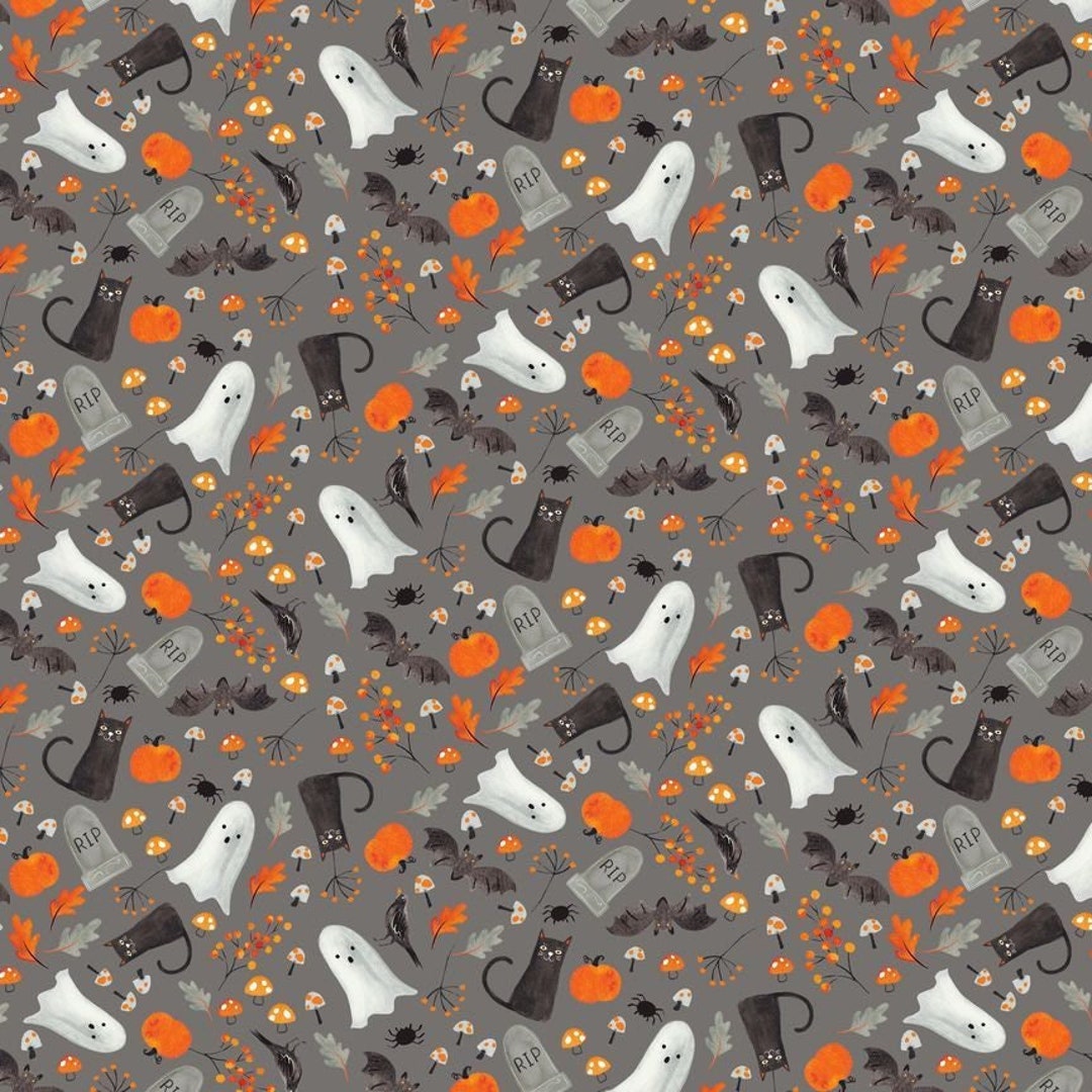 Tossed Ghost Cat Bat Floral Halloween Cotton Fabric, Haunted House ...