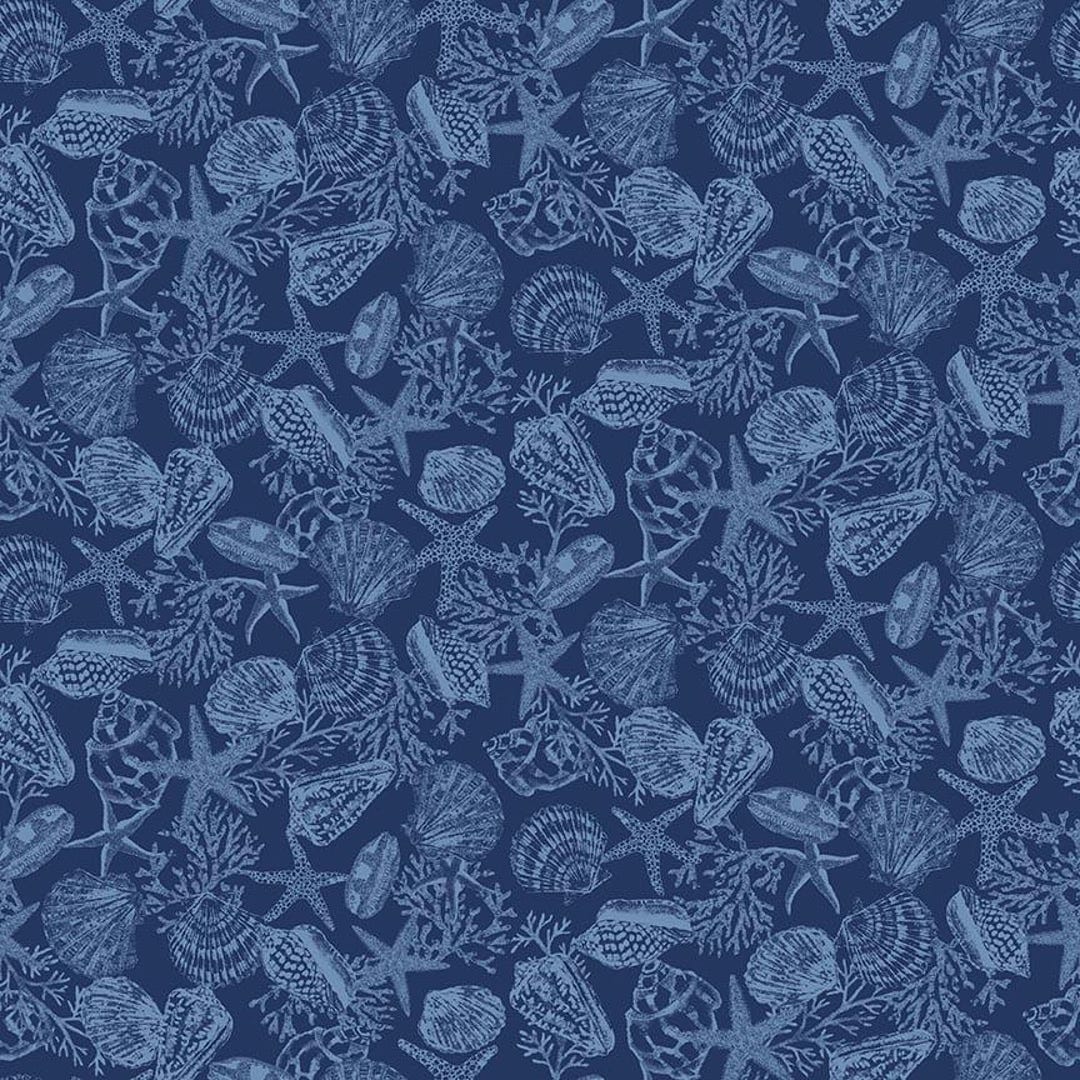 Monotone Shells Cotton Fabric, Cobalt Seas 1370-77 Henry Glass BTY FQ ...