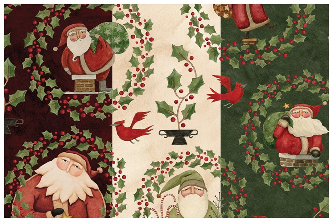 Santa Holly Cotton Fabric, up on the Housetop C14731, Teresa Kogut ...