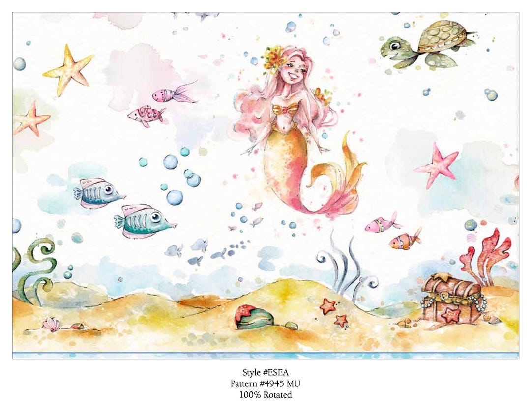 Mermaid Border Stripe Cotton Fabric, Enchanted Seas Mermaids 4936MU FQ ...