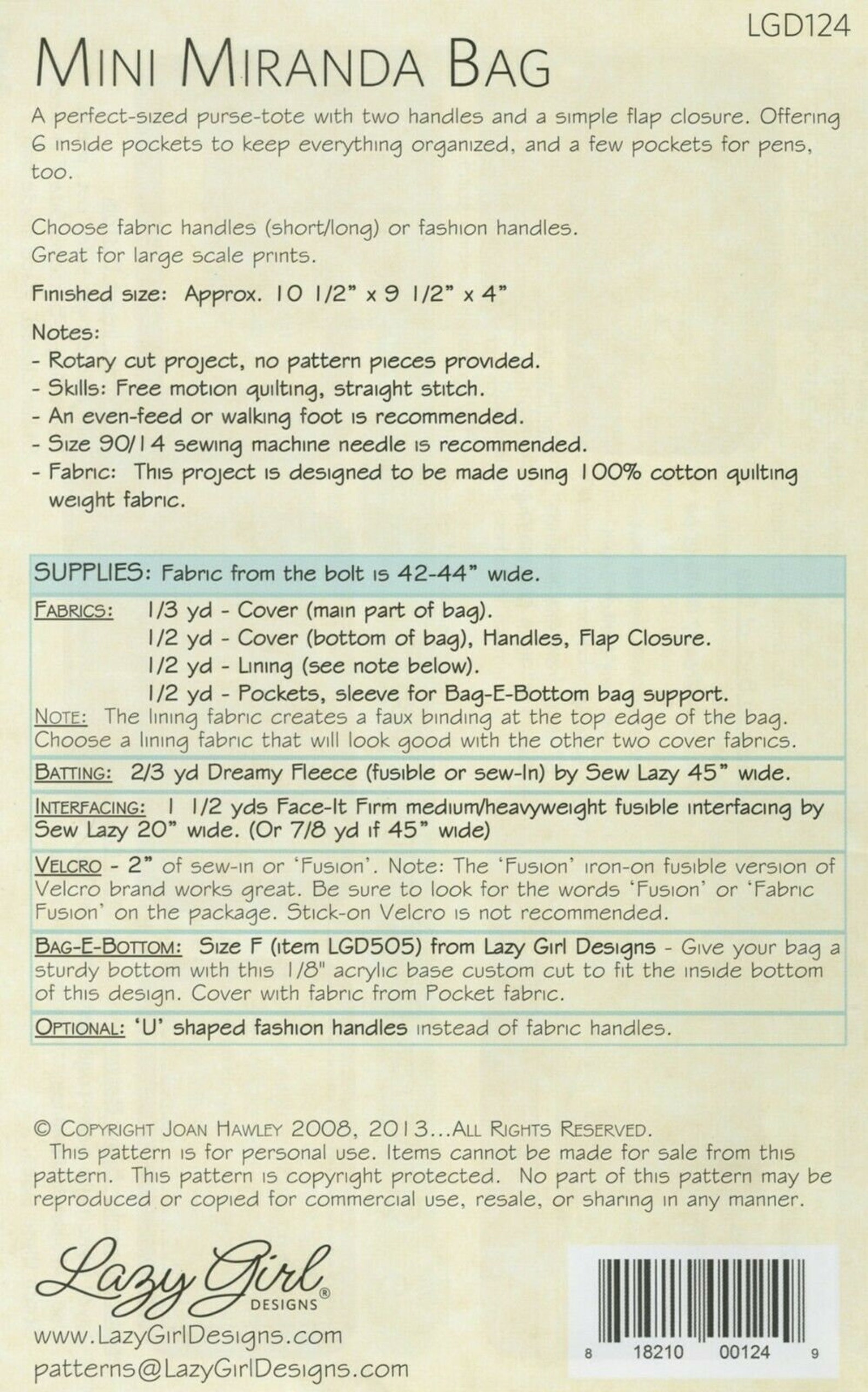 Mini Miranda Bag by Lazy Girl Designs. LGD124 Tote Bag Purse - Etsy