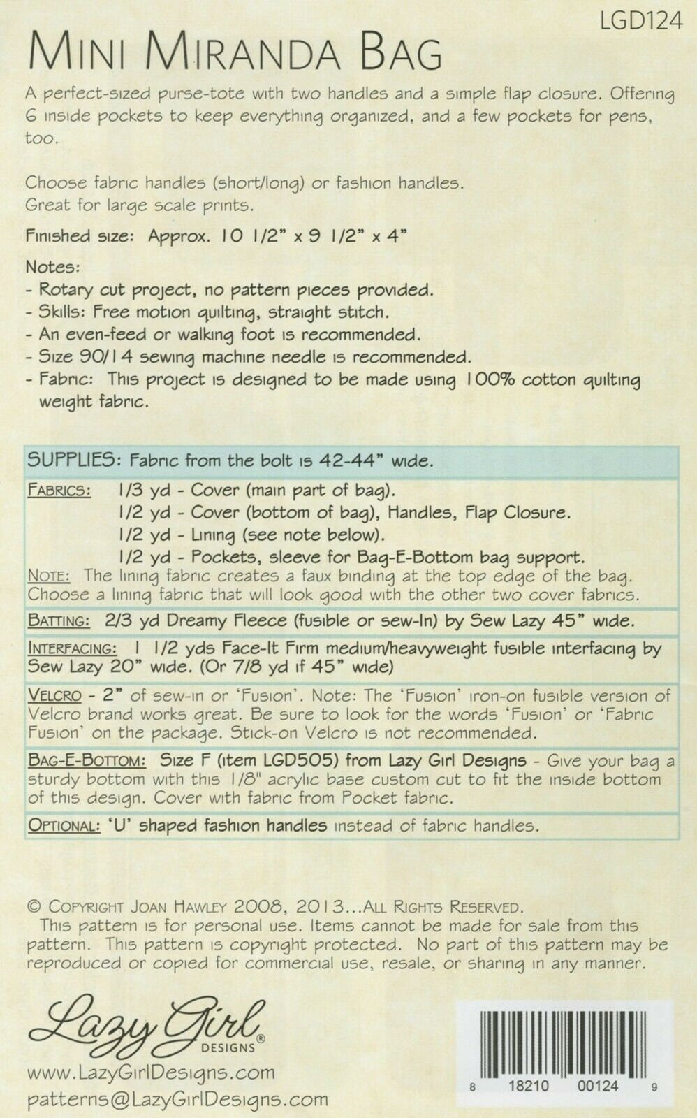 Mini Miranda Bag by Lazy Girl Designs. LGD124 Tote Bag Purse | Etsy