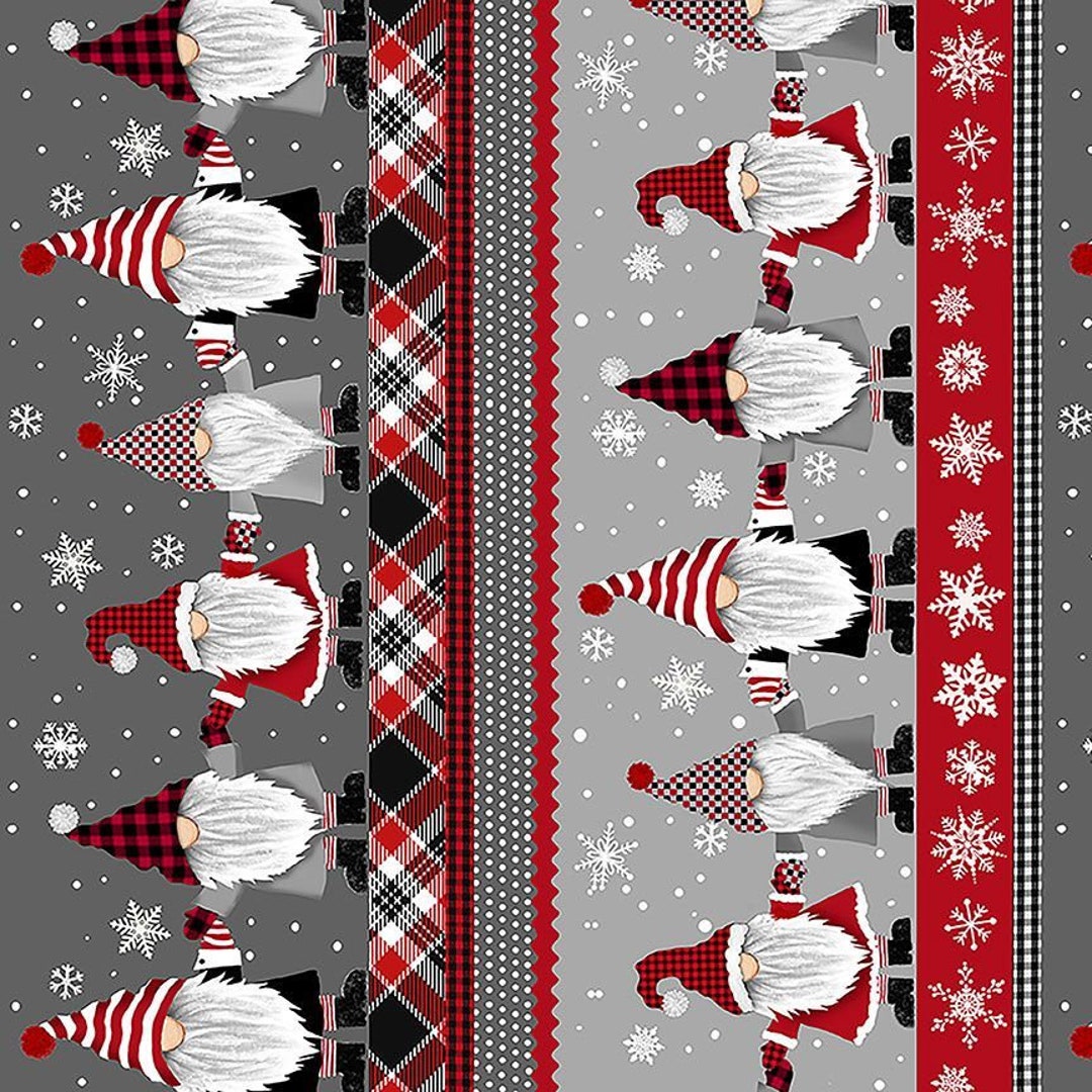 Holiday Snow Fun Gnomes Border Stripe Cotton Fabric Cd1366-grey Gail ...