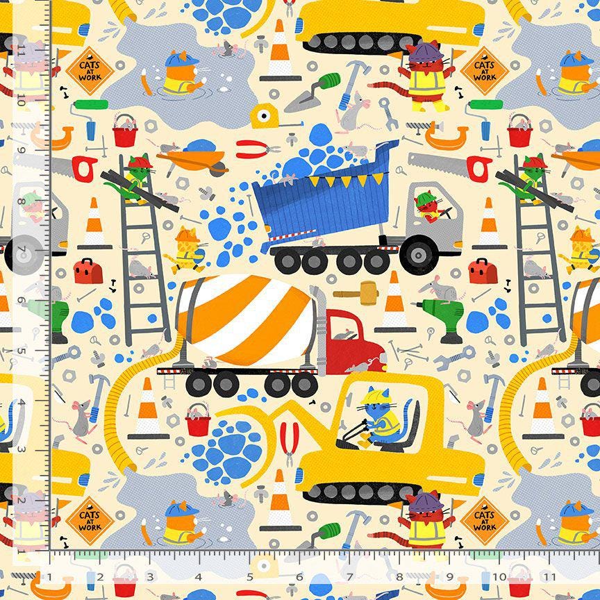 Construction Truck Kitty Cotton Fabric, Cats at Work 3193 Leezaworks ...