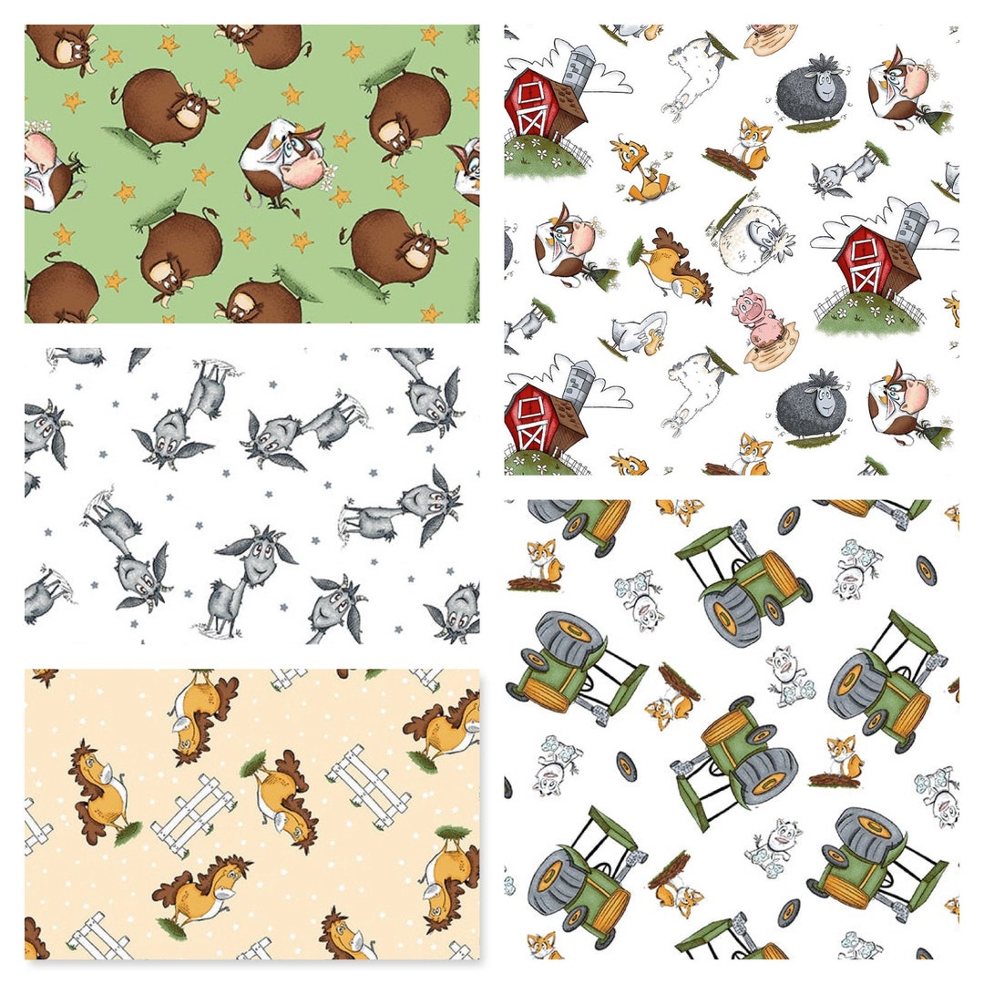Farm Animals Allover Tossed Quilt Cotton Fabric Farmyard Tails Studio E ...