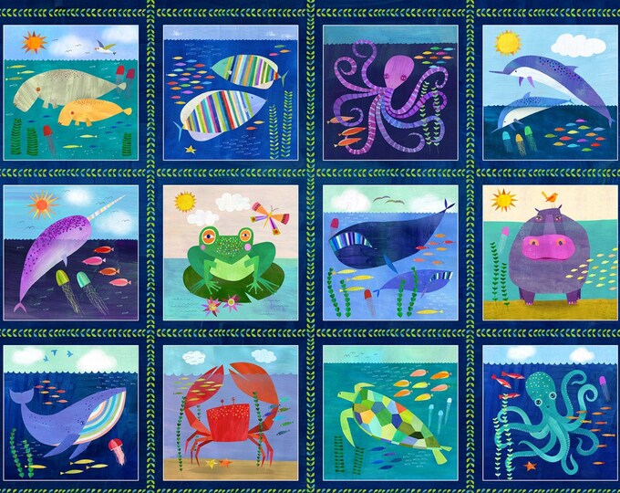 Aquatic Life Block Panel Cotton Fabric, Colorful Aquatic World DDC11354 ...