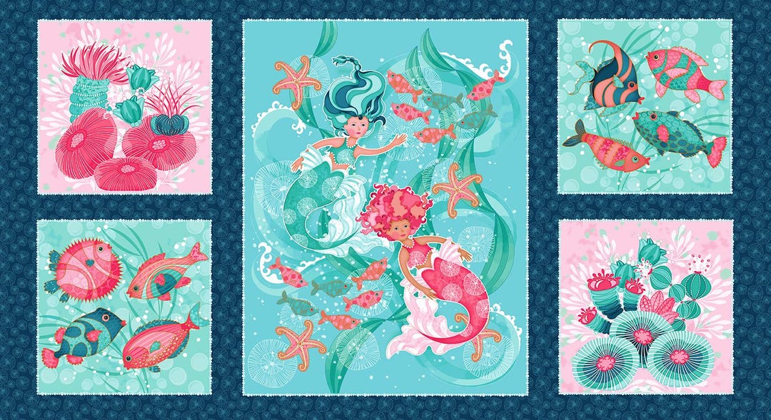 Mermaids 24 in Panel Cotton Fabric, Mermaid Tales 7939P Studio E Nancy ...