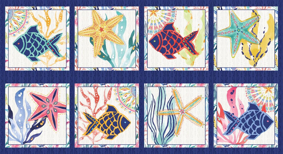 Fish and Seaweed Blocks Panel Cotton Fabric, Along the Coast 3737-01 ...