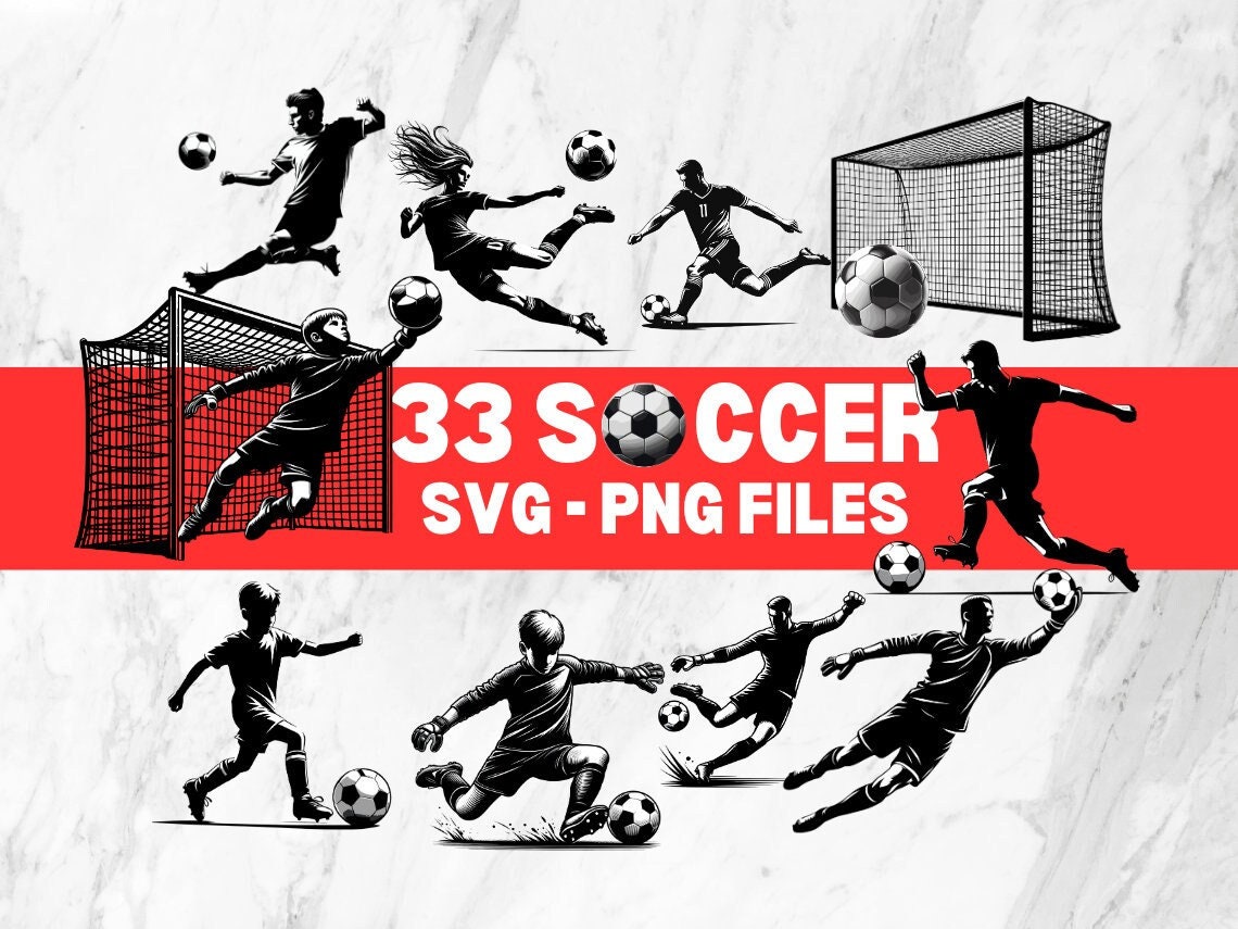 SOCCER Svg Clipart BUNDLE of 33 Soccer Png Silhouette Art Svg & PNG ...