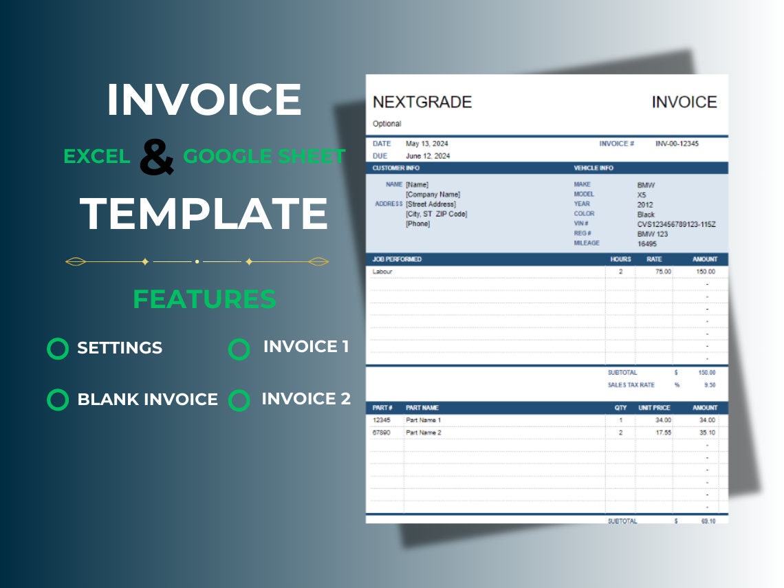 Excel Invoice Template | Google Sheet Customizable, Editable, and Ready ...