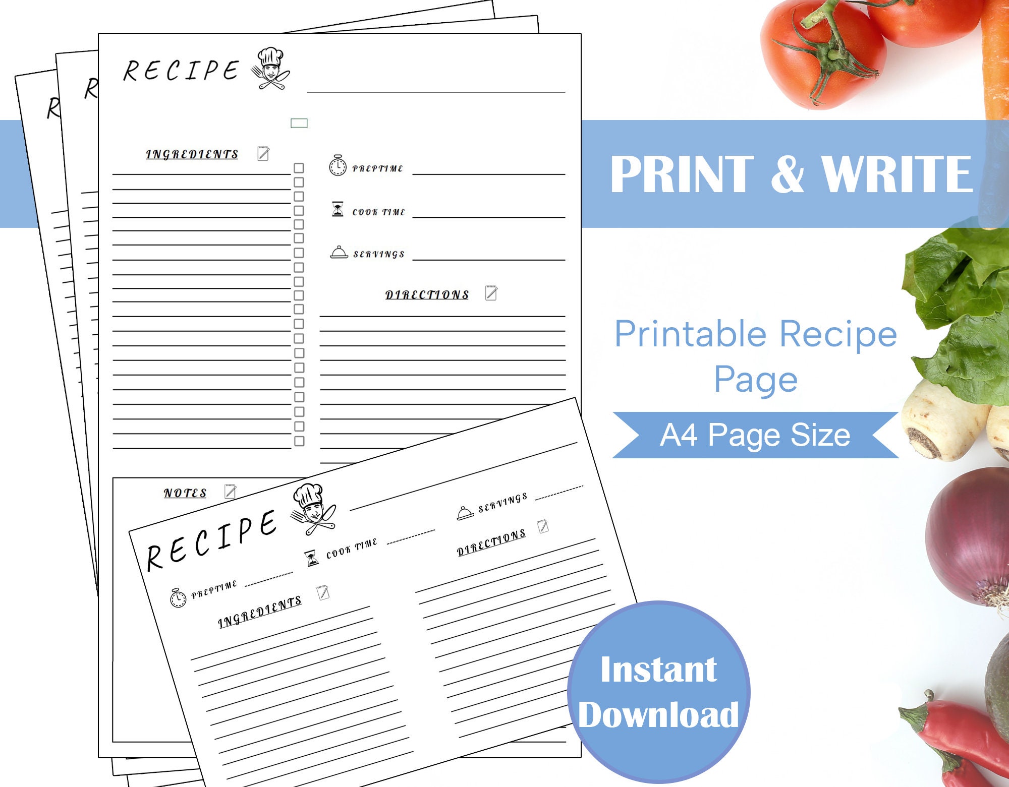 Recipe Card Template Printable Pages 7 Sizes Minimalist Design, Instant ...
